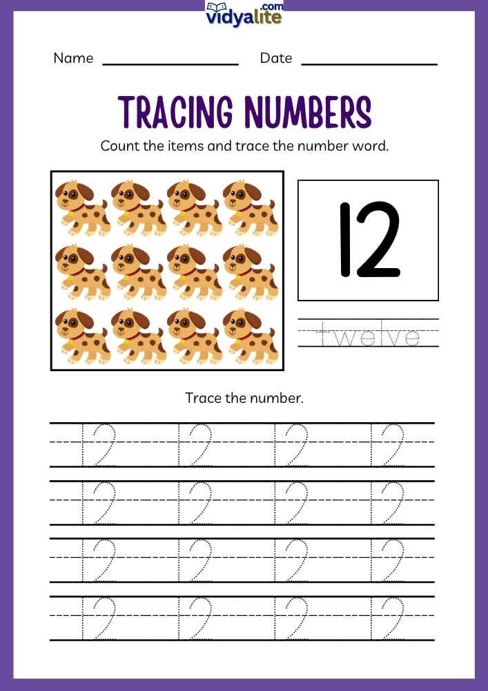 Free Printable Number 12 Tracing Worksheet for Preschool & Kindergarten ...
