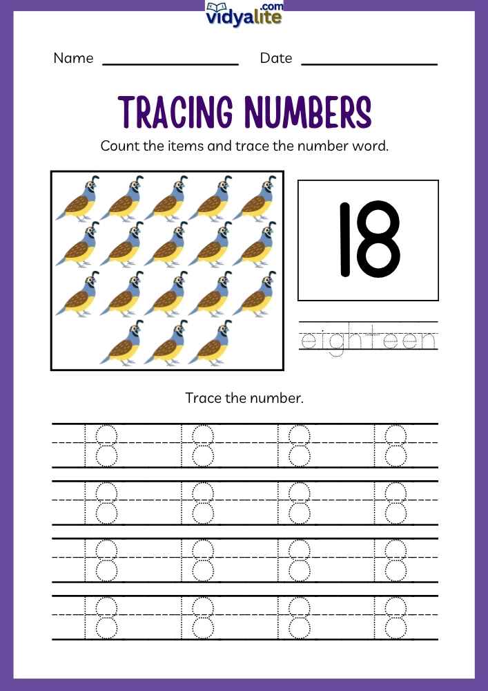 Free Printable Number 18 Tracing Worksheet for Preschool & Kindergarten ...