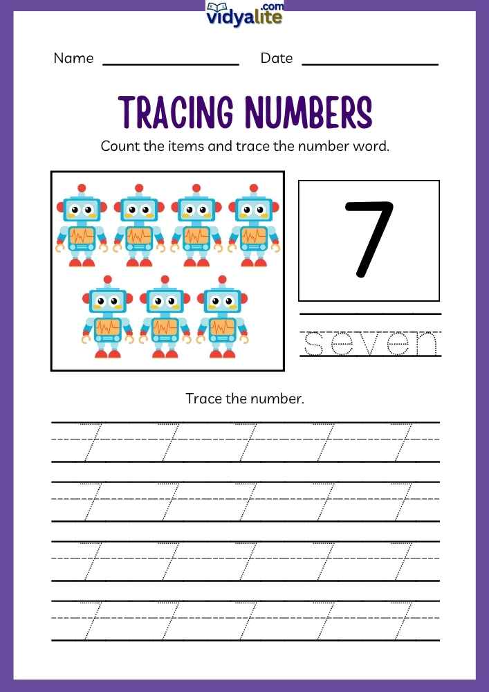 Free Printable Number 7 Tracing Worksheet for Preschool & Kindergarten ...