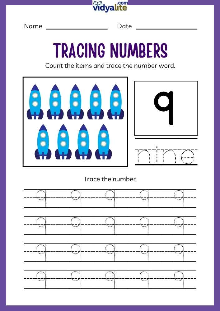 Free Printable Number 9 Tracing Worksheet for Preschool & Kindergarten ...