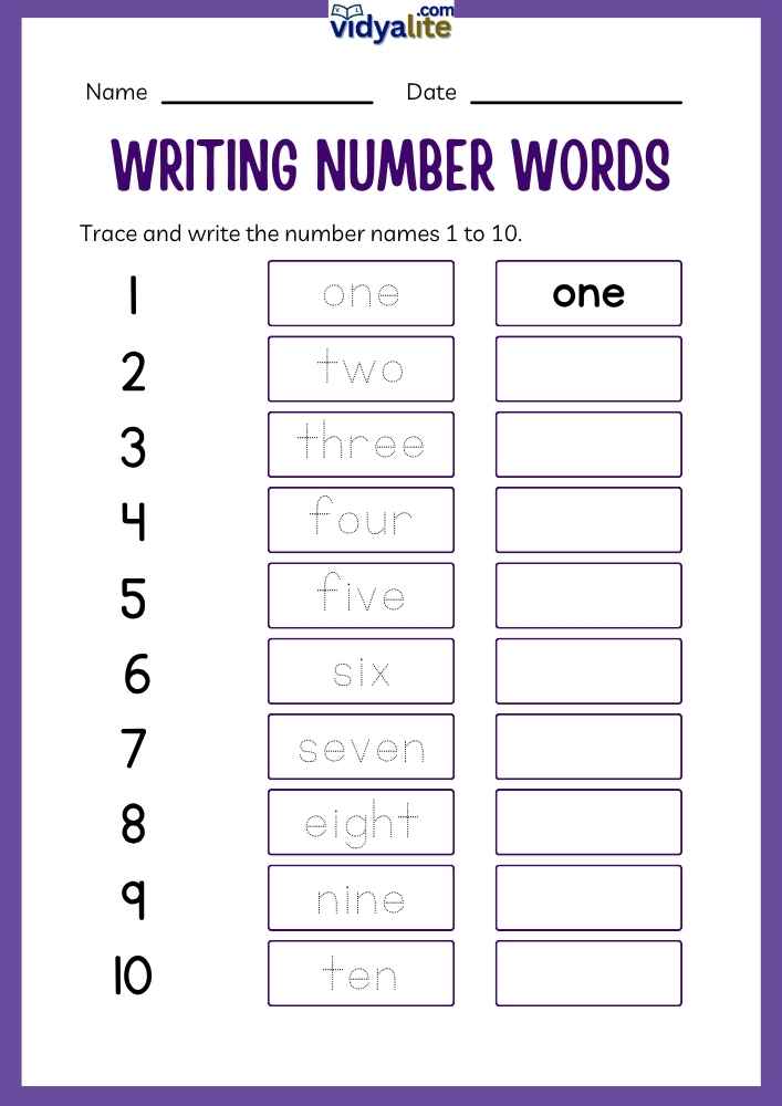Free Printable Writing Number Word 1 to 10 Worksheet for Preschool ...