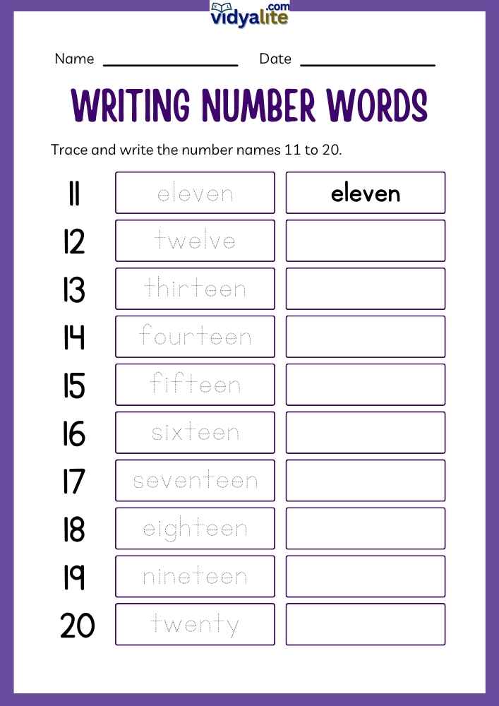 Free Printable Writing Number Word 11 to 20 Worksheet for Preschool ...